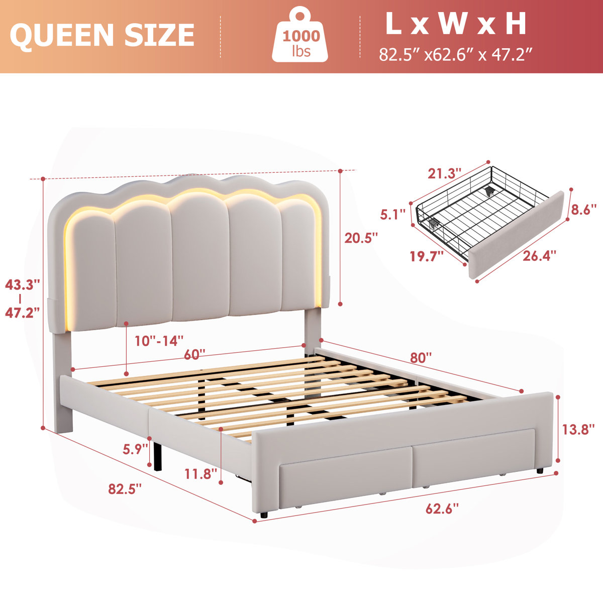 Mercer41 Daphne Upholstered LED Bed Frame With Drawer & Adjustable Headboard, Kids Beds ...